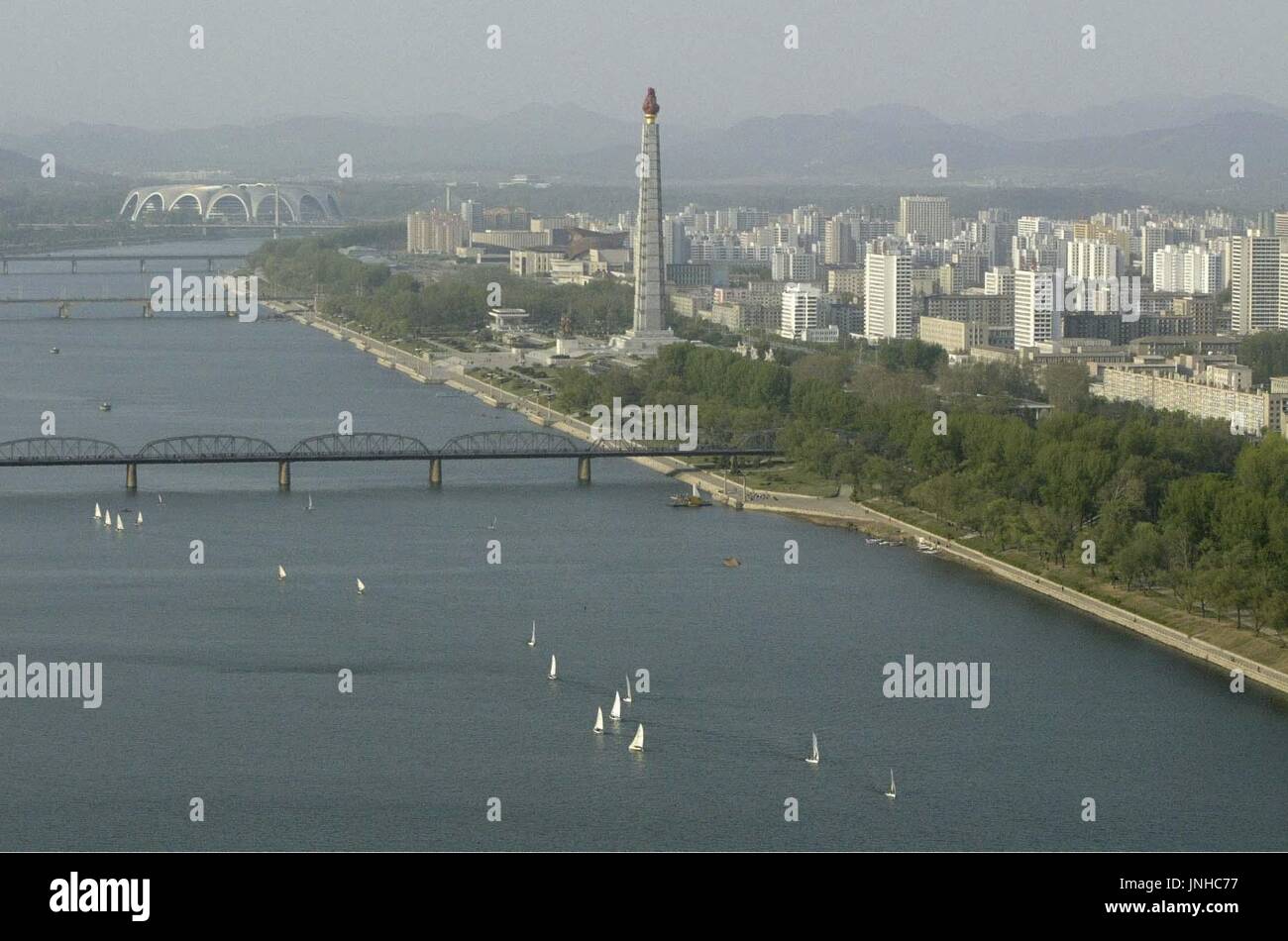 TOKYO, Japan - View of the Juche Idea Tower and downtown Pyongyang area ...