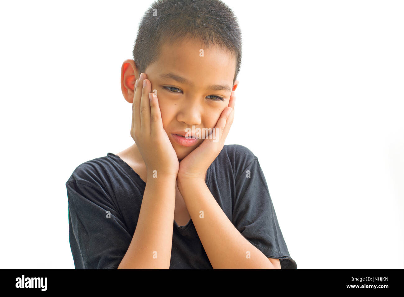 Asian boy with toothache hold his cheek with hand Stock Photo - Alamy
