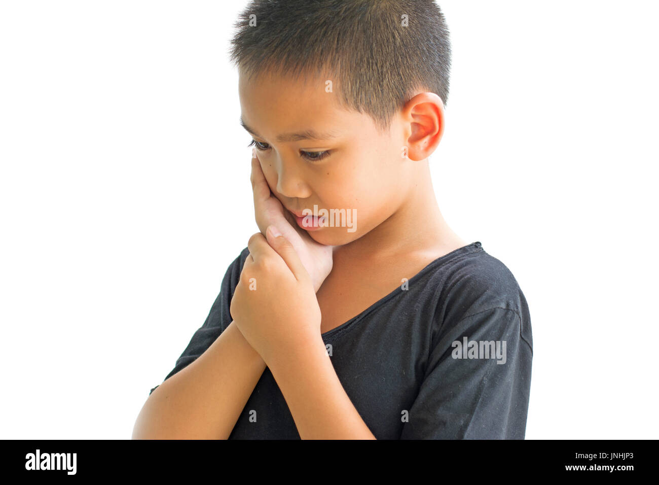 Asian boy with toothache hold his cheek with hand Stock Photo - Alamy