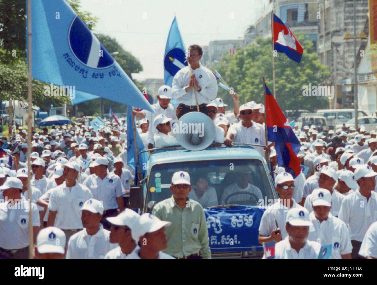 PHNOM PENH, Cambodia - Opposition leader Sam Rainsy on a truck leads ...