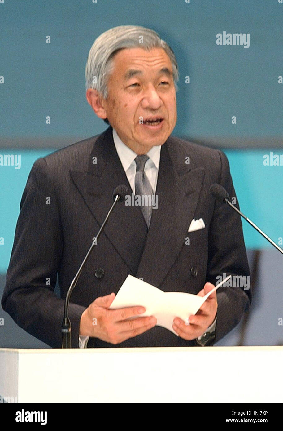 NAZE, Japan - Emperor Akihito delivers a speech during the ceremony ...