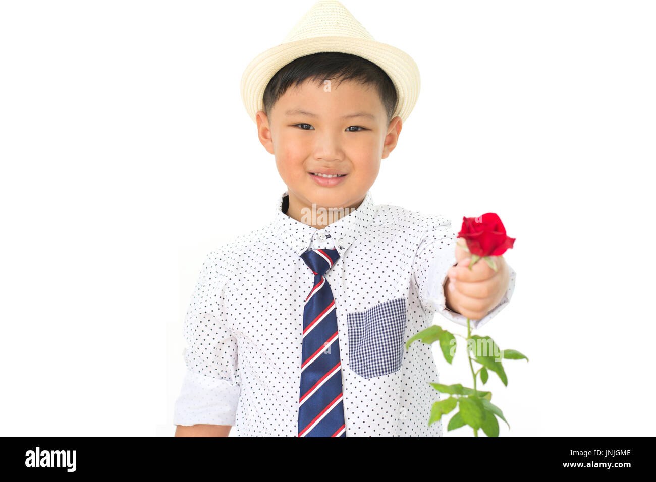 Little boy holding red rose isolated on white background Stock Photo ...