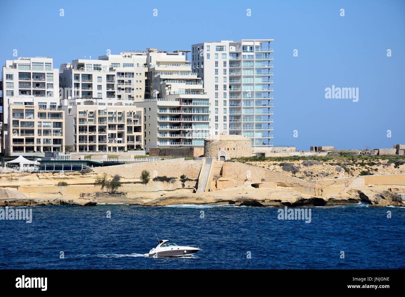 View of Fort Tigne with modern buildings to the rear seen from Valletta ...