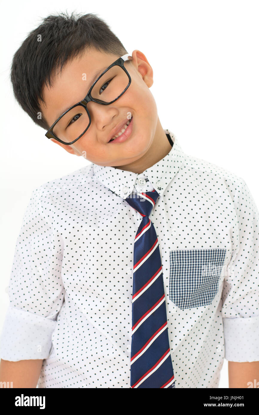 Portrait of little businessman boy isolated on white background Stock ...