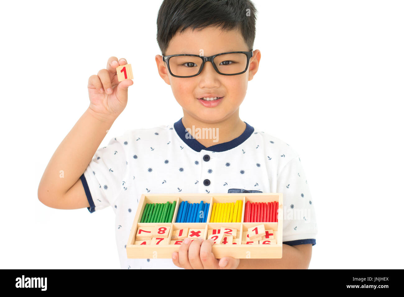 Cute little boy holding educational kids math isolated on white ...