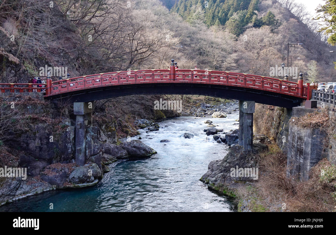 Nikko, Japan - Jan 2, 2016. People visit Red sacred bridge Shinkyo in Nikko, Japan. Nikko and ...