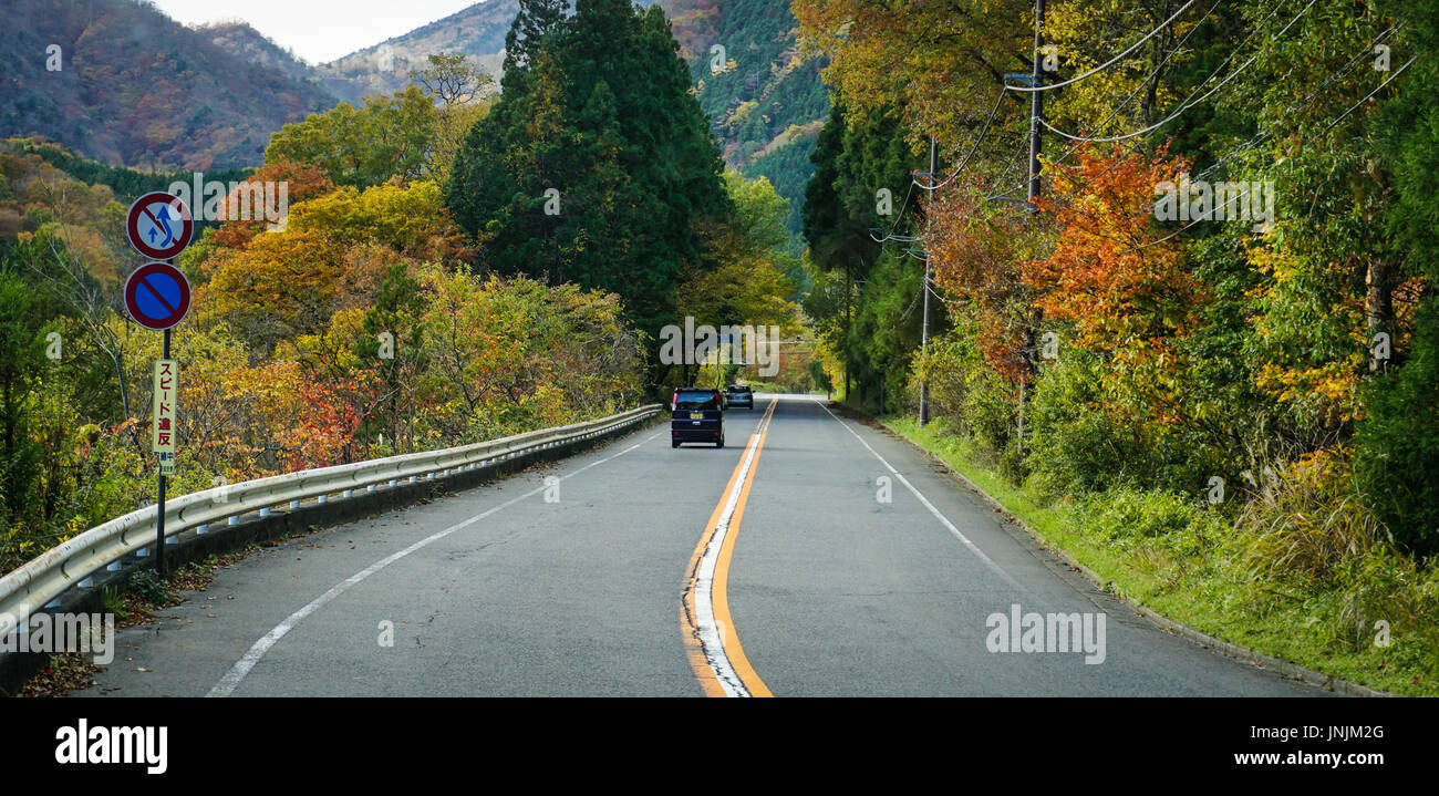 Nikko, Japan - Nov 3, 2014. Cars run on autumn road with many trees in ...