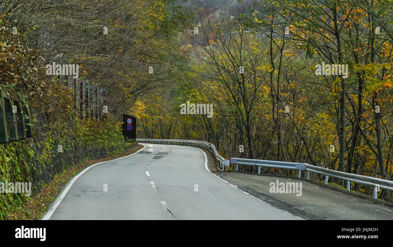Empty mountain road at autumn in Nikko, Japan. Nikko is a town at the ...