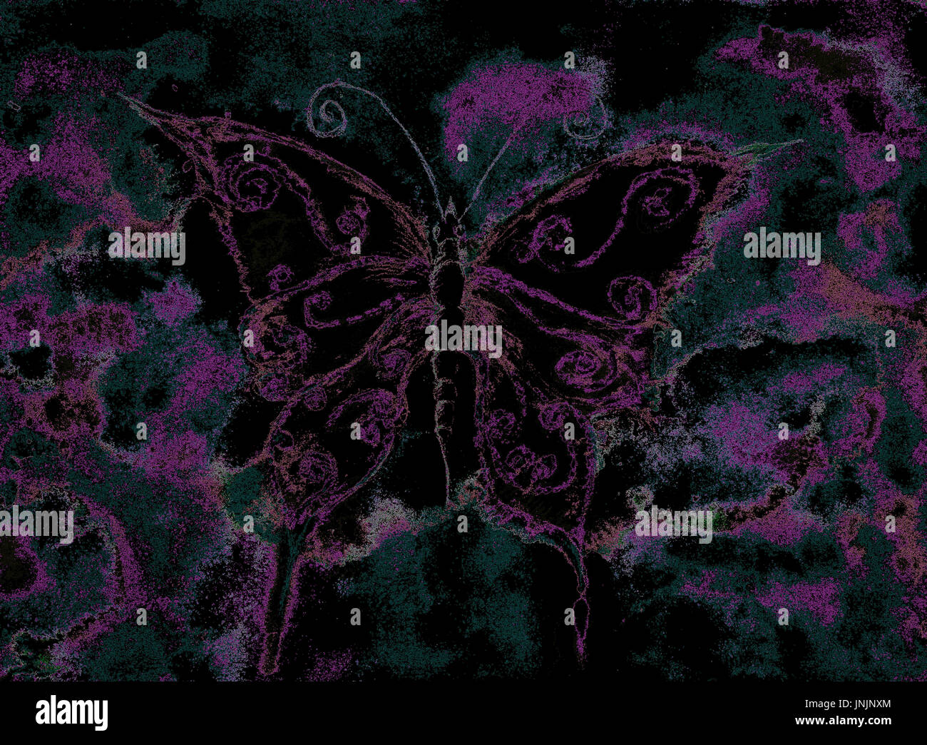 Red and pink outlined butterfly against multicolored clouds. The ...