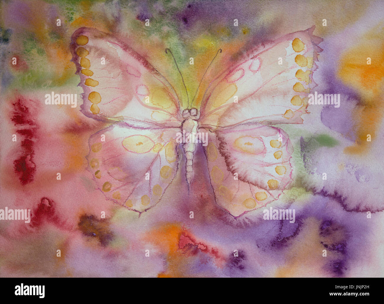 Butterfly with yellow dotted wings flying over a multicolored landscape ...