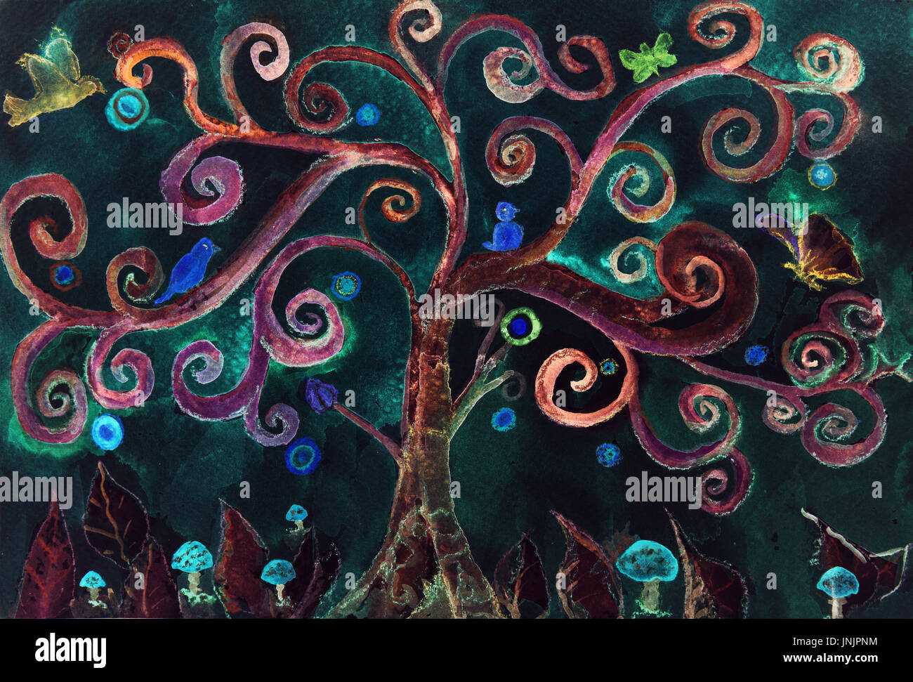 An imaginary turquoise lunatic tree against a night sky. The dabbing ...