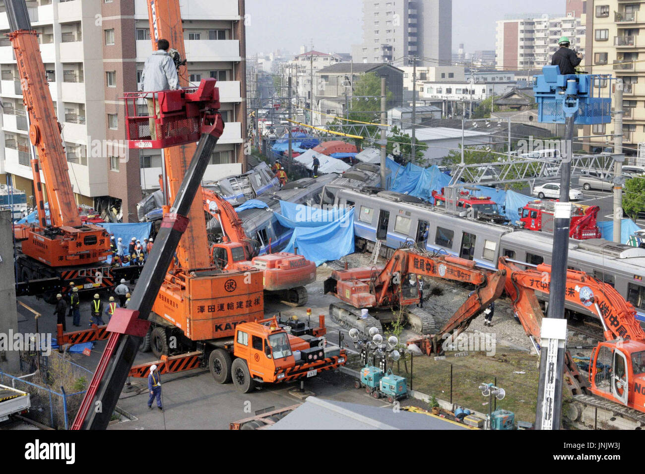 AMAGASAKI, Japan - Photo shows the accident site on April 26, one day ...