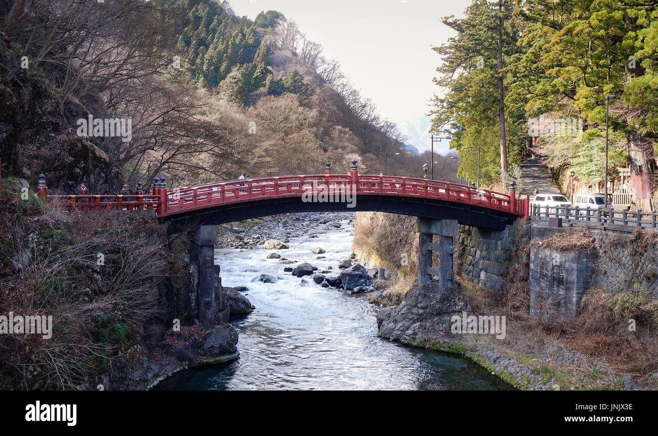 Red sacred bridge Shinkyo at winter in Nikko, Japan Stock Photo - Alamy