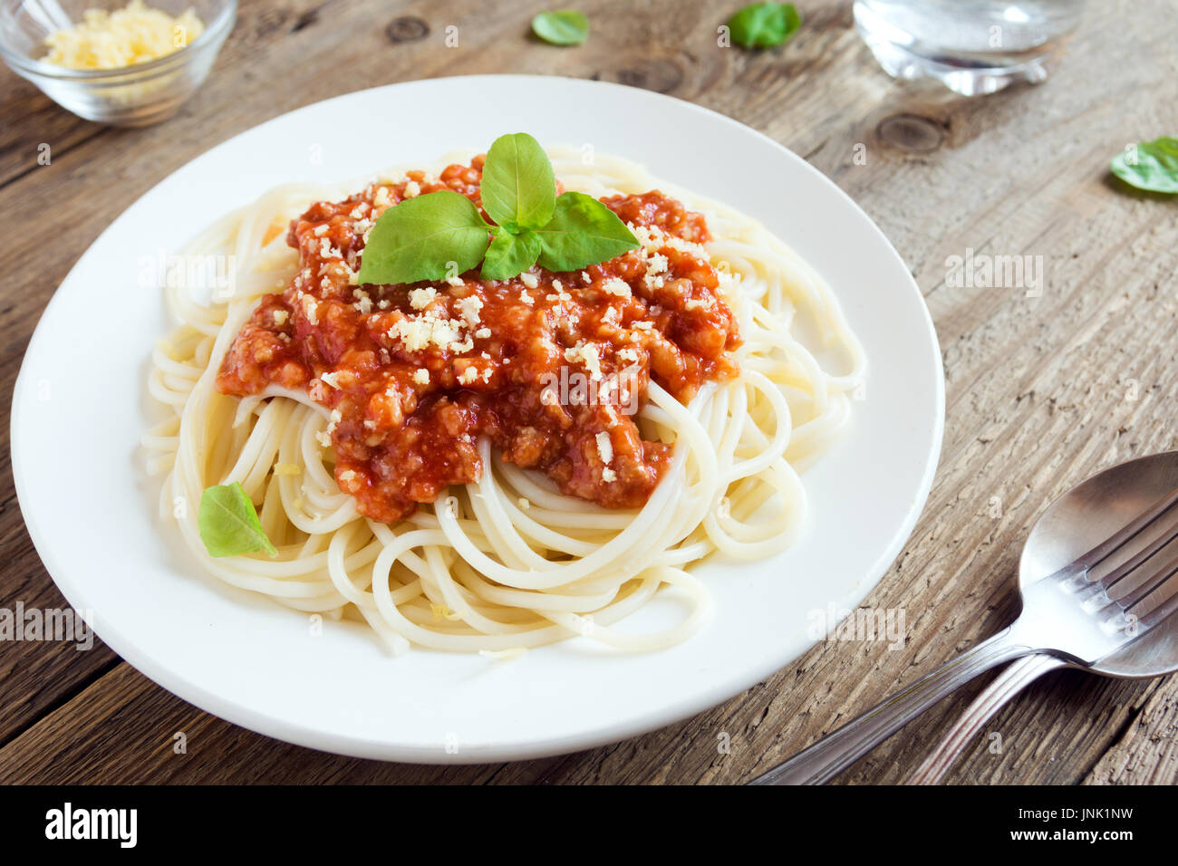 Spaghetti bolognese pasta with tomato sauce and minced meat, grated ...