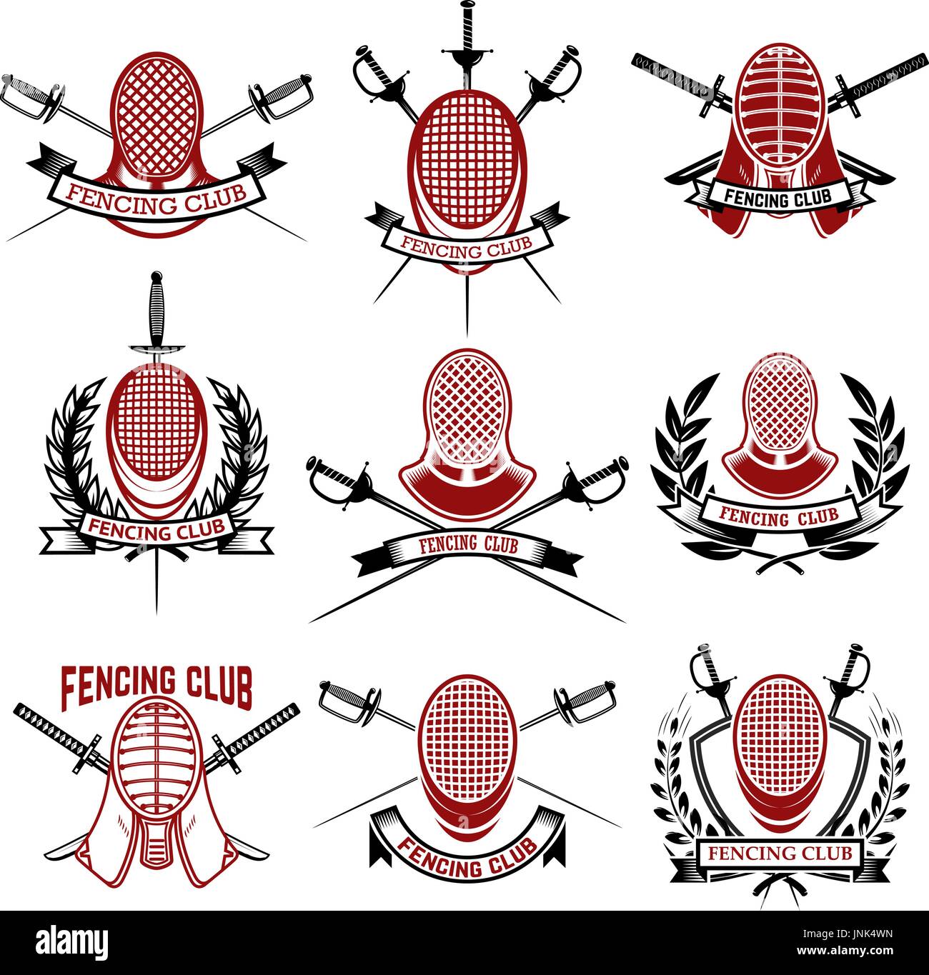 Set of fencing club emblems templates. Rapira, fencing face guard ...