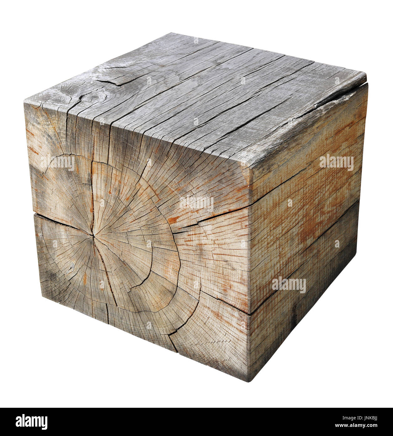 The big cube is cut out from a trunk of an old oak. Isolated on white ...