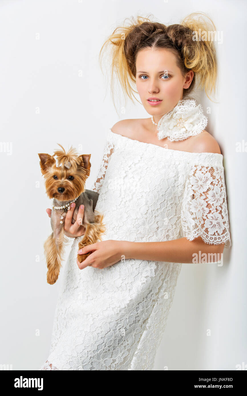 Girl with yorkie dog Stock Photo - Alamy
