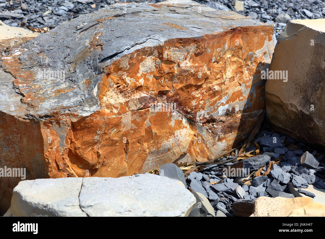 Massive mineral stained limestone block recently broken away from ...