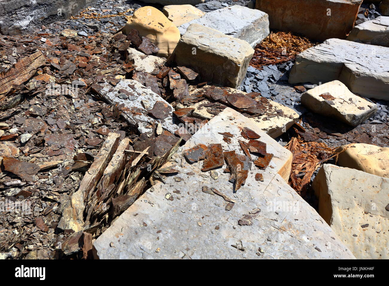 Massive limestone blocks and oil bearing shale broken away from ...