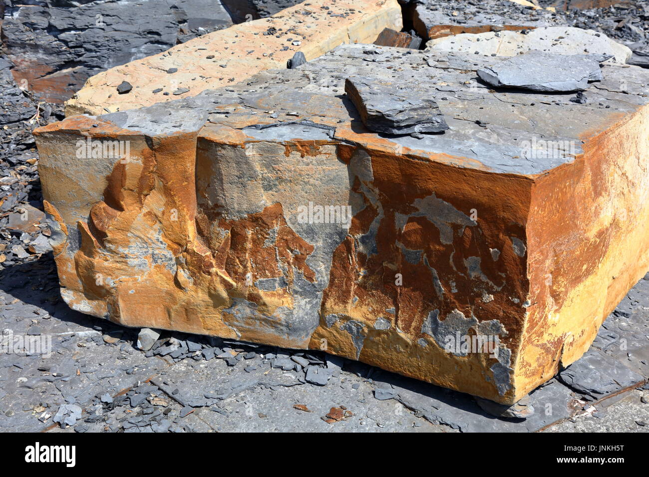 Massive mineral stained limestone block recently broken away from ...