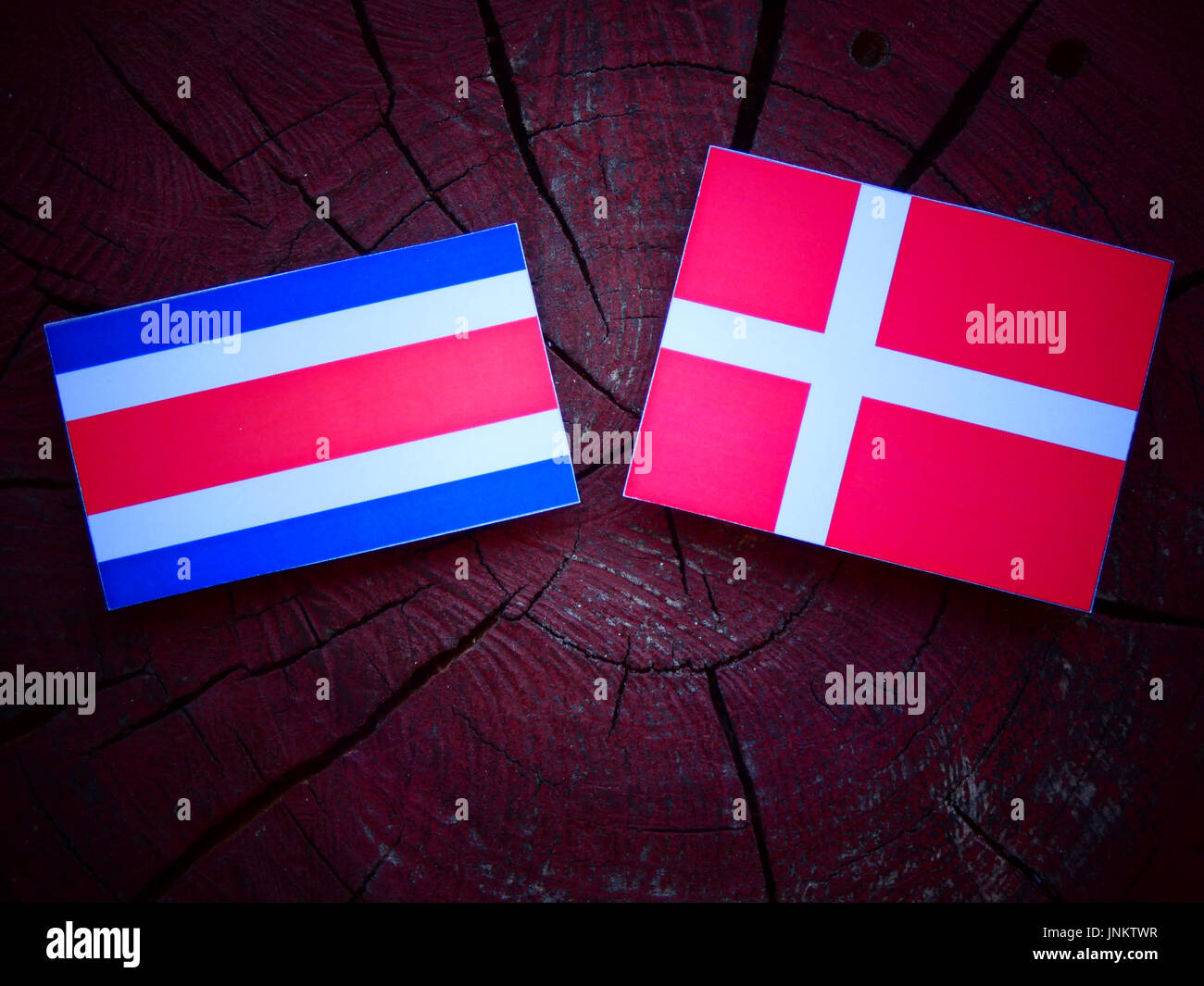 Costa Rican flag with Danish flag on a tree stump isolated Stock Photo ...