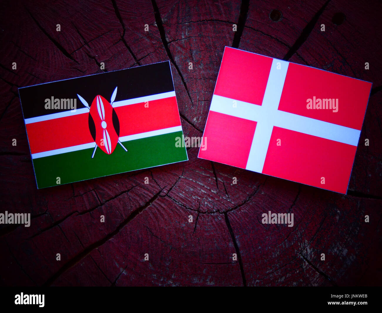 Kenyan flag with Danish flag on a tree stump isolated Stock Photo - Alamy