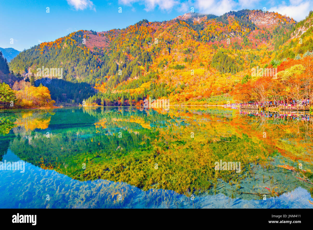 View of Five Flower Lake at autumn sunrise time. Jiuzhaigou nature ...