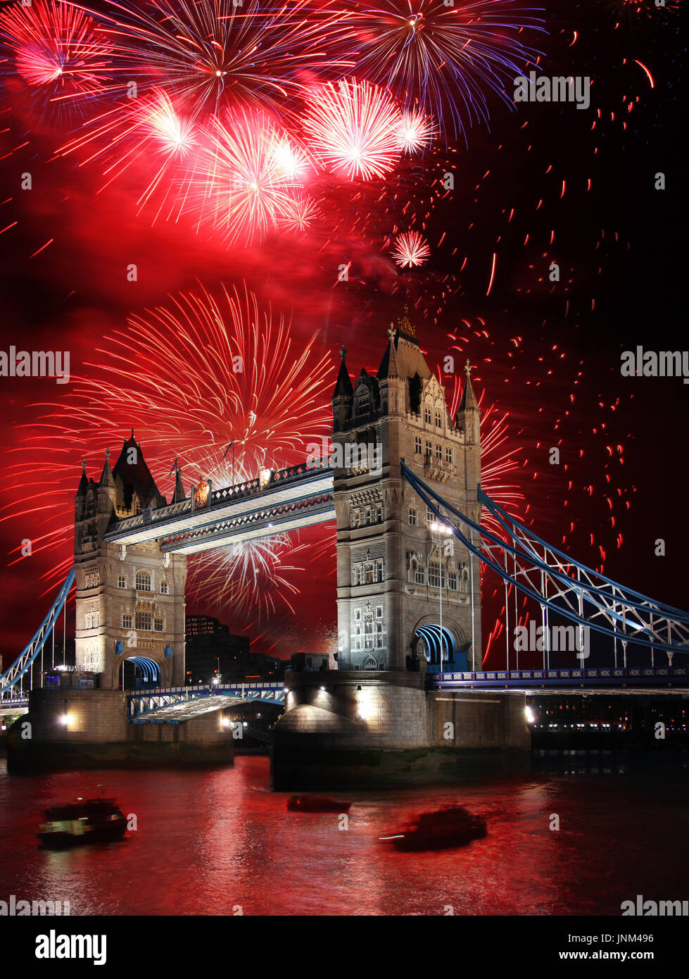 Tower Bridge with firework, celebration of the New Year in London, UK ...