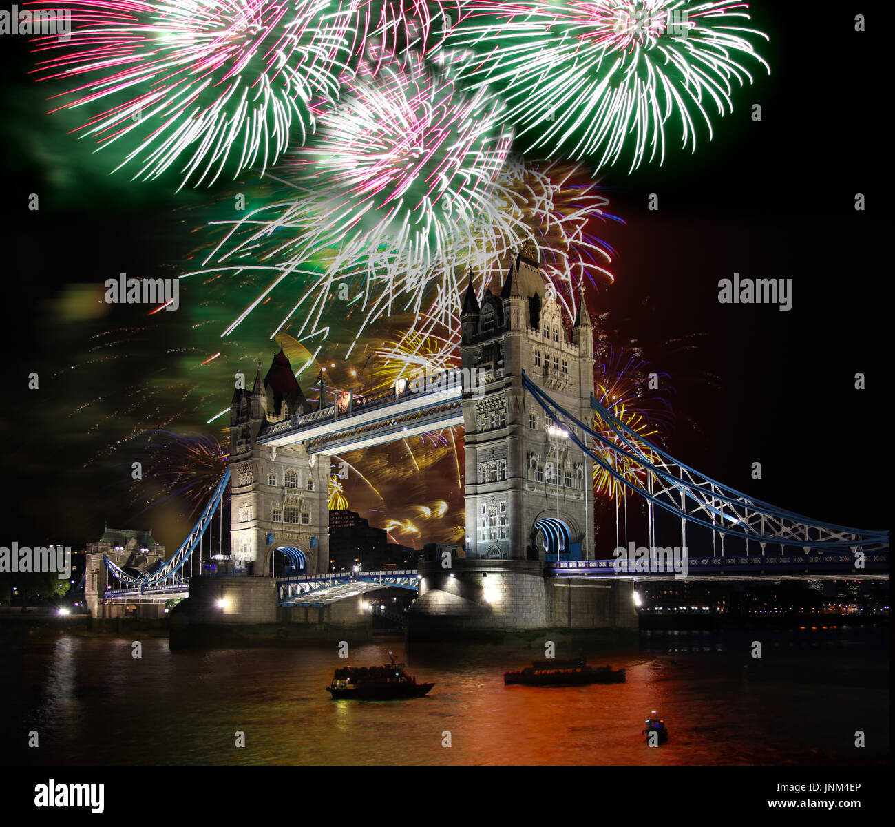 Tower Bridge with firework, celebration of the New Year in London, UK ...