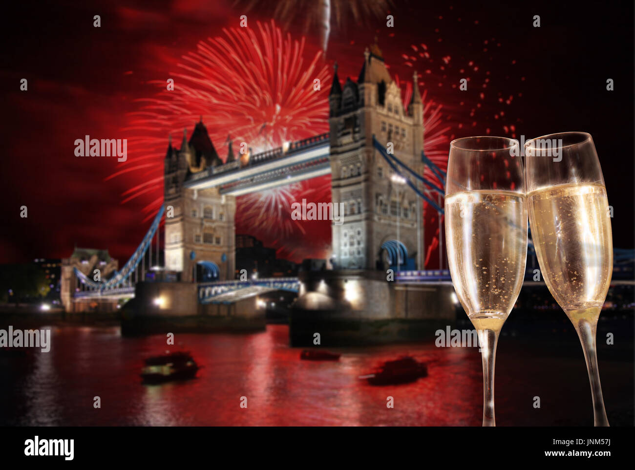 Tower Bridge with firework, celebration of the New Year in London, UK ...