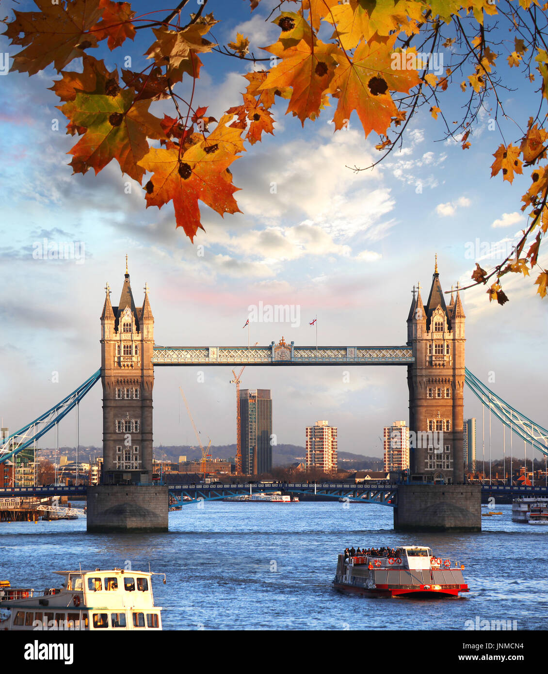 Famous Tower Bridge with autumn leaves in London, England, United ...