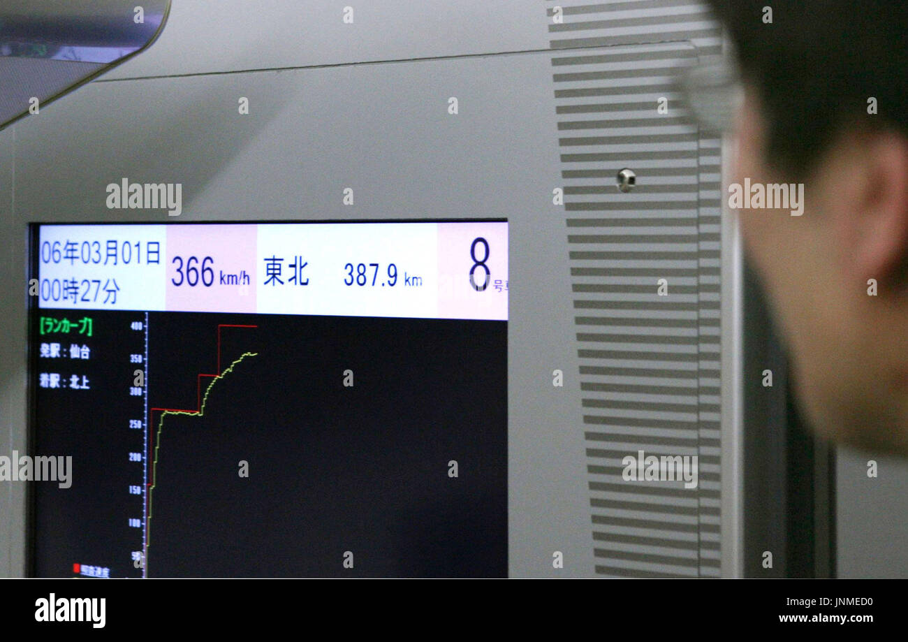 SENDAI, Japan - A speedometer aboard the Fastech, East Japan Railway Co ...
