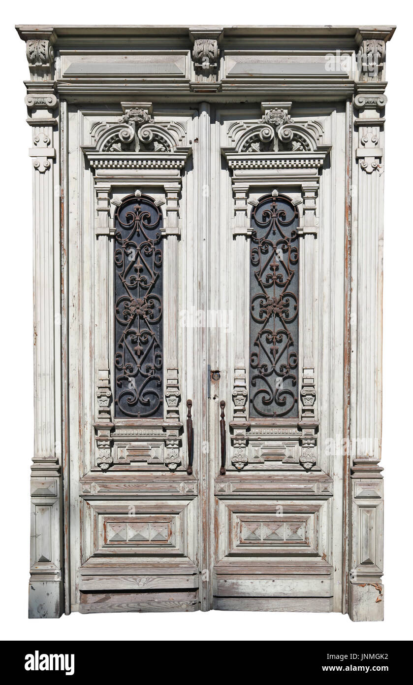 The ragged curved vinage wooden door in abandoned old house. Isolated ...