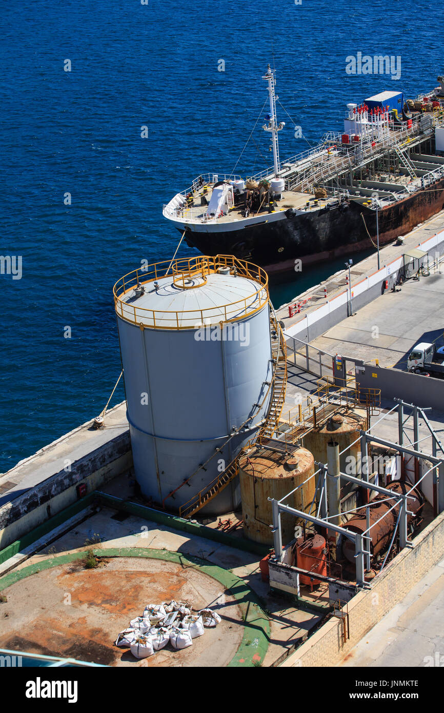New Fuel Tank by Old Tanker in Gibralter Stock Photo - Alamy