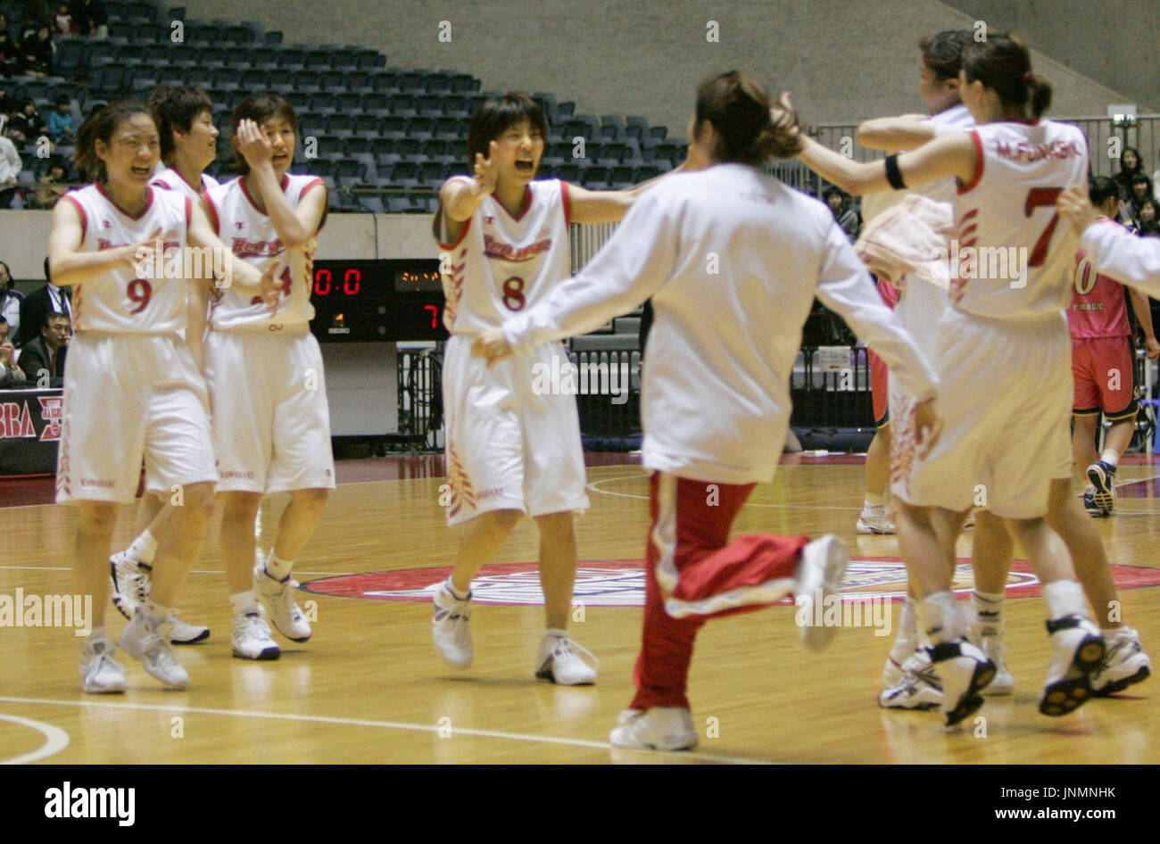 TOKYO, Japan - Fujitsu Red Wave players celebrate after holding off the ...