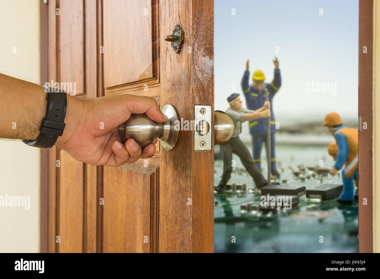 abstract scene of man open the wood door to mini worker repair ...