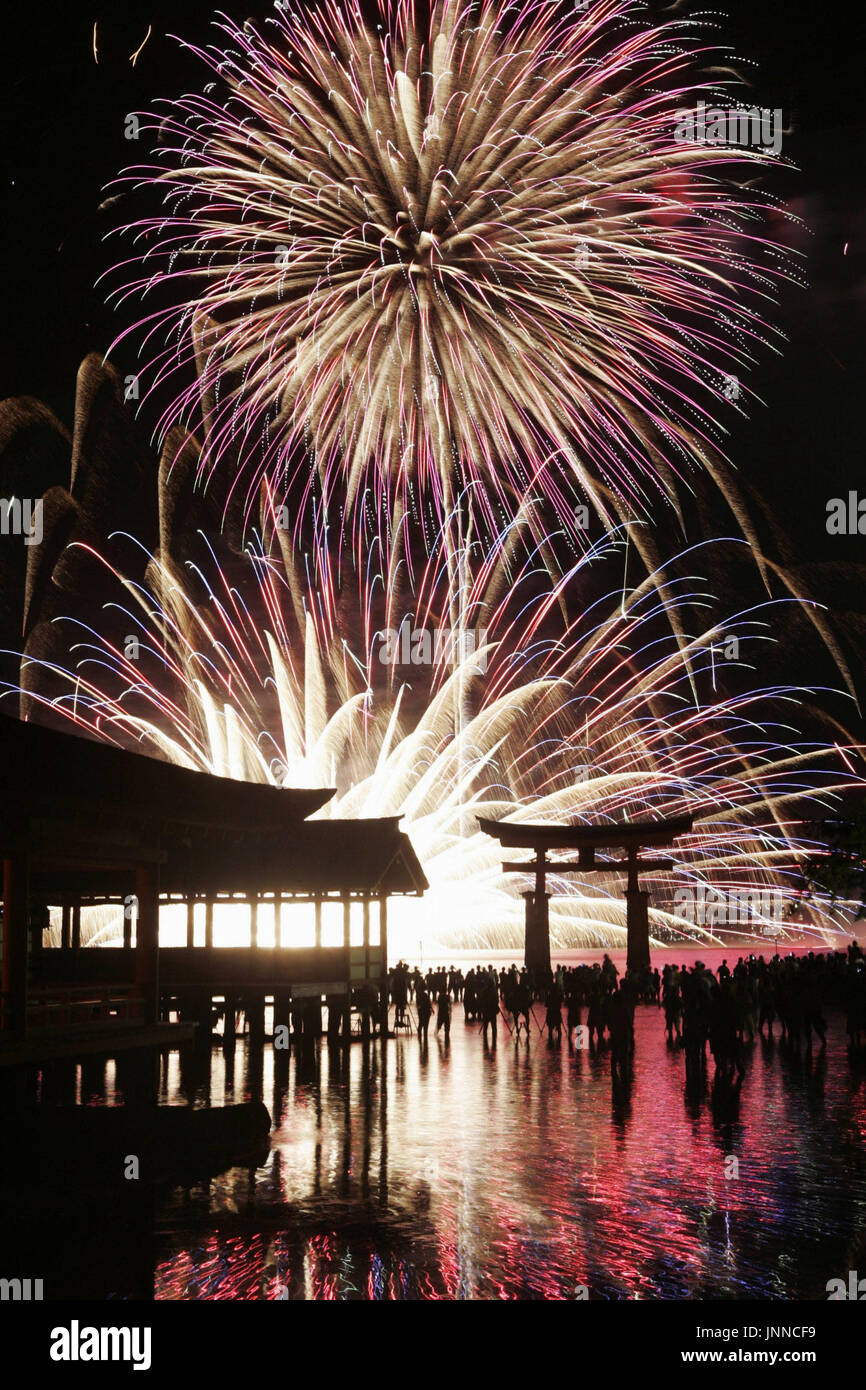HIROSHIMA, Japan - Fireworks light up the sky Aug. 14 near Itsukushima ...