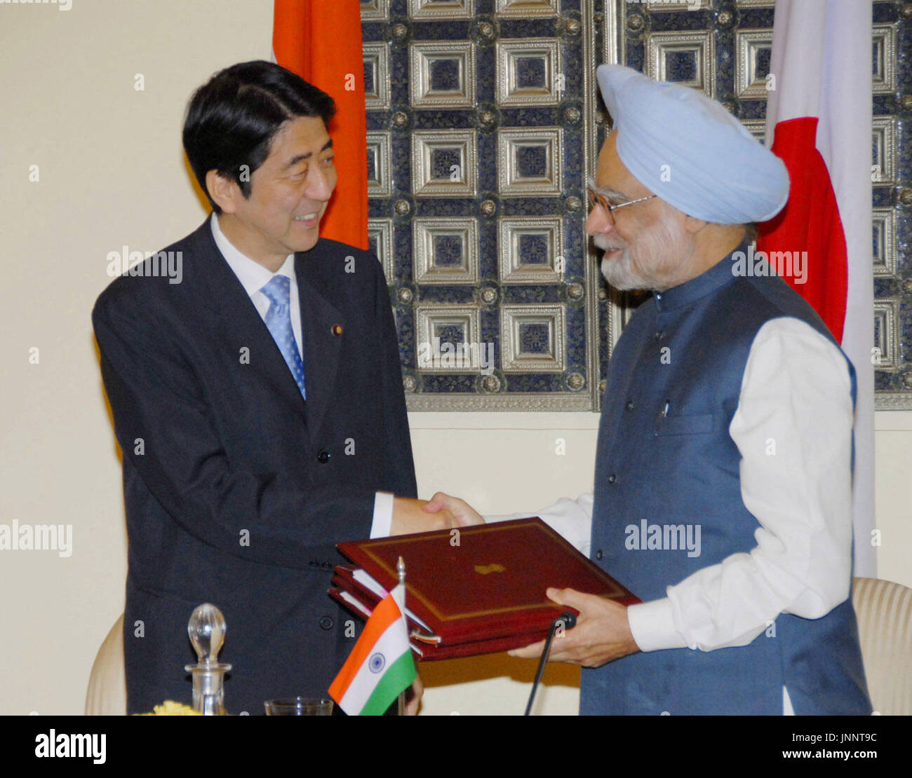 NEW DELHI, India - Japanese Prime Minister Shinzo Abe (L) and his ...