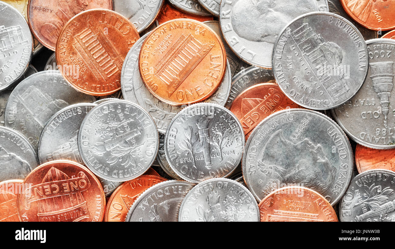 Extreme close up picture of United States dollar coins, shallow depth ...