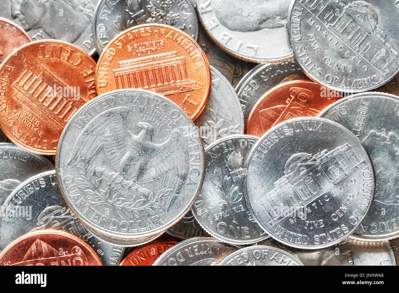 Extreme close up picture of United States dollar coins, shallow depth ...