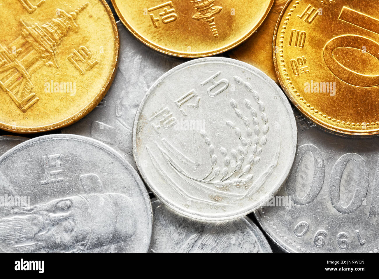 Extreme close up picture of South Korean won coins, shallow depth of ...