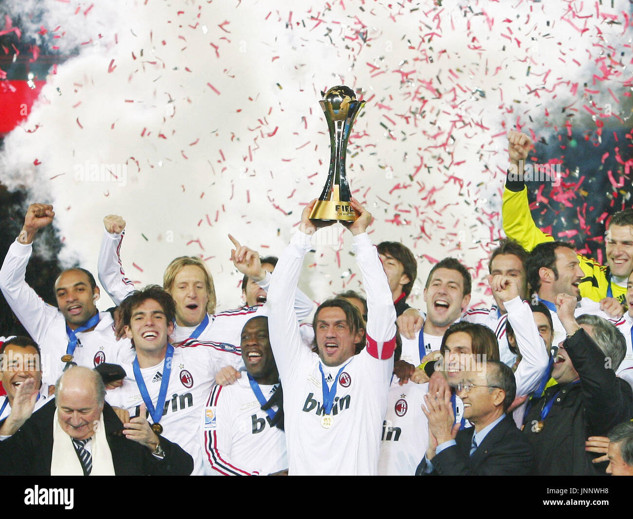 Yokohama Japan Ac Milans Captain Paolo Maldini Holds Up The Trophy