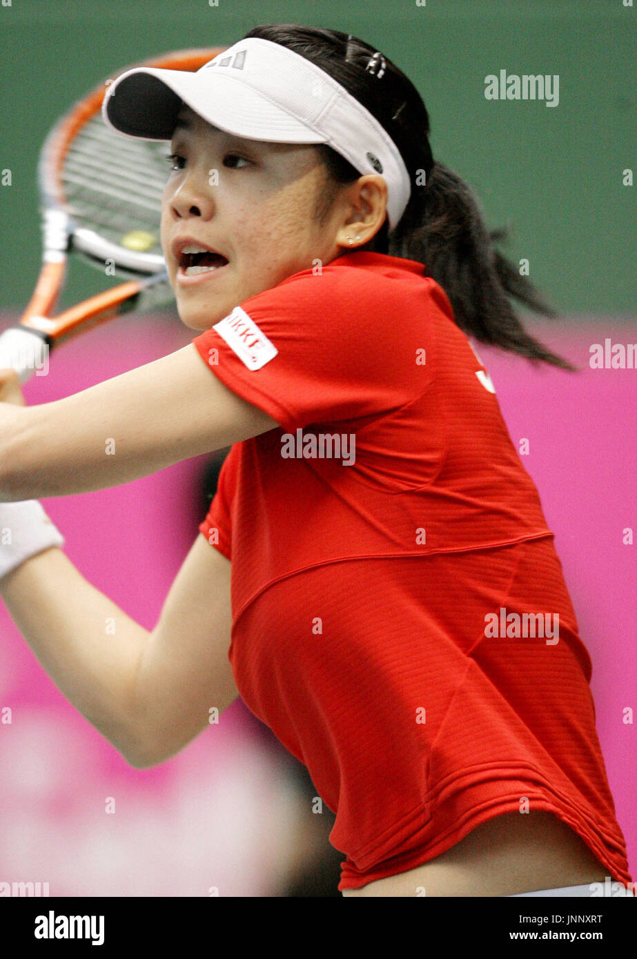 MIKI, Japan - Aiko Nakamura is in action during her Fed Cup World Group II singles match against ...