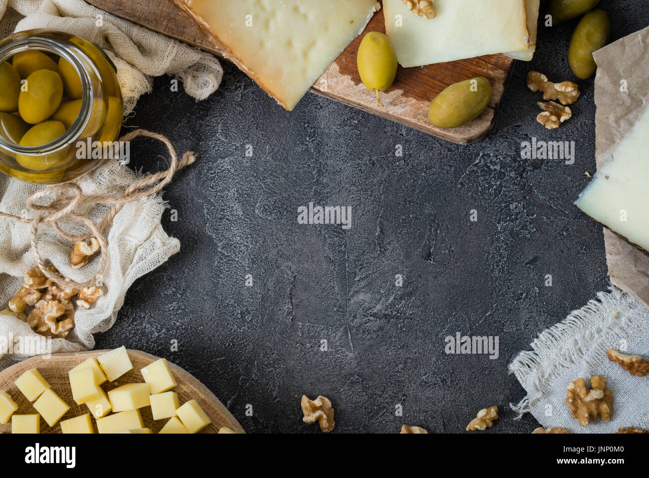 Cheese platter of different types of hard cheese (Swedish, Spanish ...