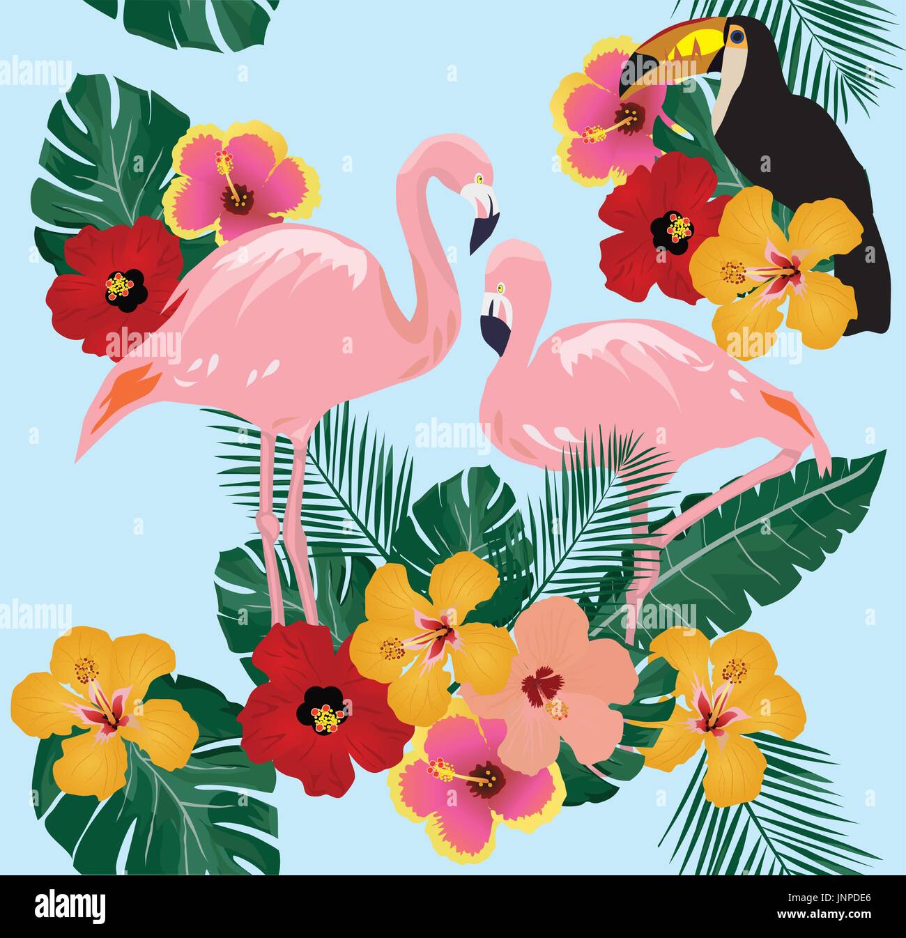 vector illustration of flamingo and tropical flowers background Stock ...
