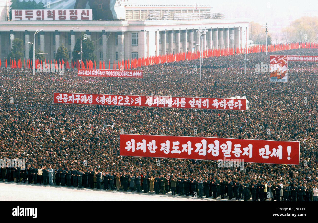 PYONGYANG, North Korea - A mass rally is held at Kim Il Sung Square in ...