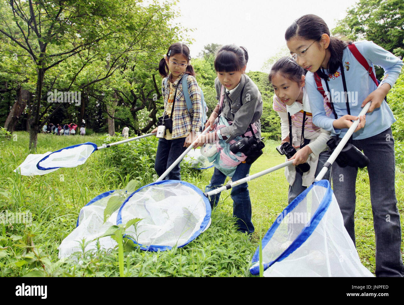 TOKYO, Japan - Primary school students try to catch insects at a ...