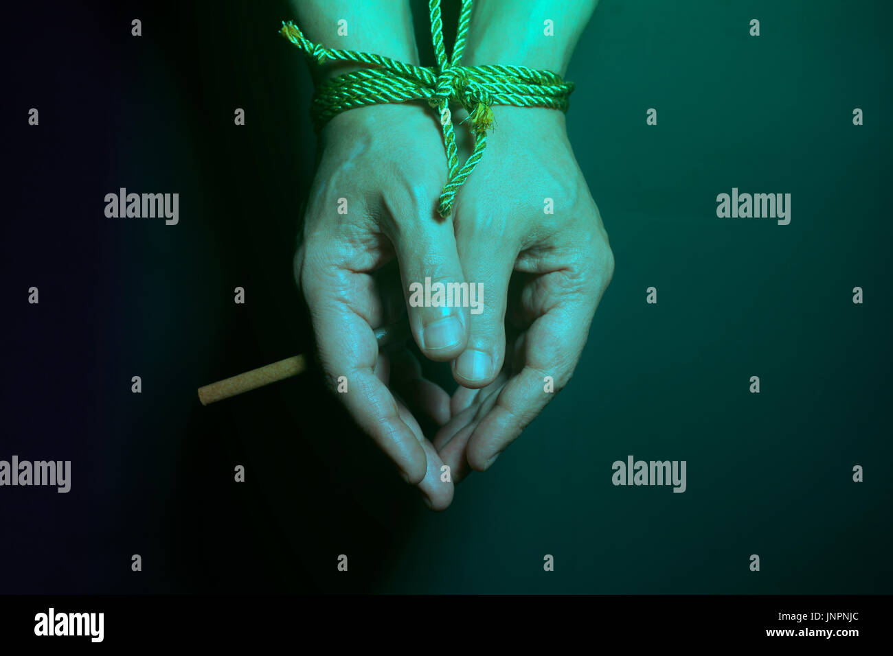 Tobacco addiction. Cigarette on male hands tied with a rope Stock Photo ...