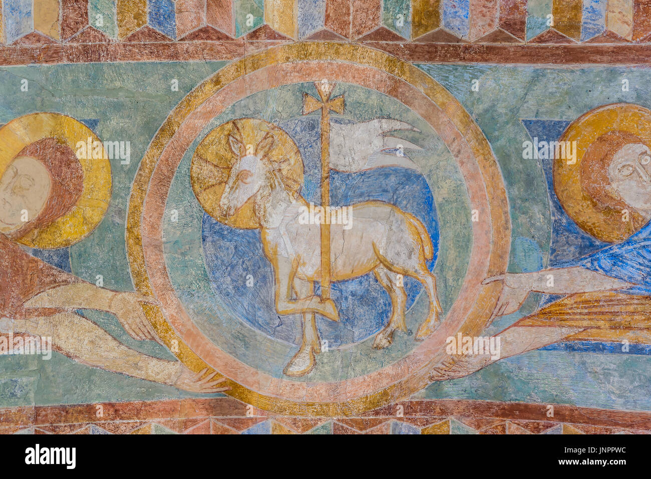 Lamb of God, a medieval fresco painting in blue, Jorlunde church ...