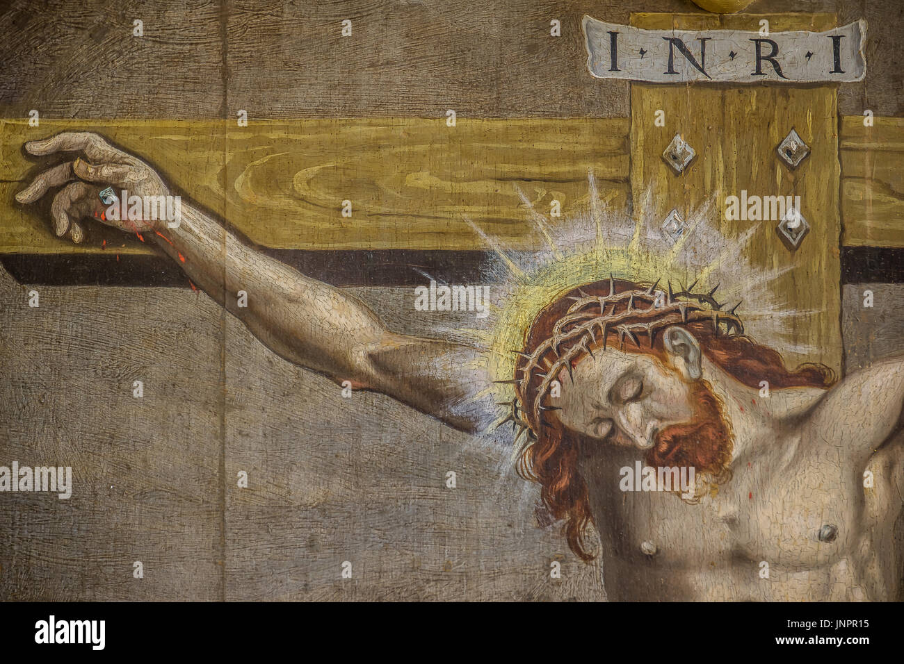 The crucifixion, Jesus with the crown of thorns, an ancient altarpiece ...